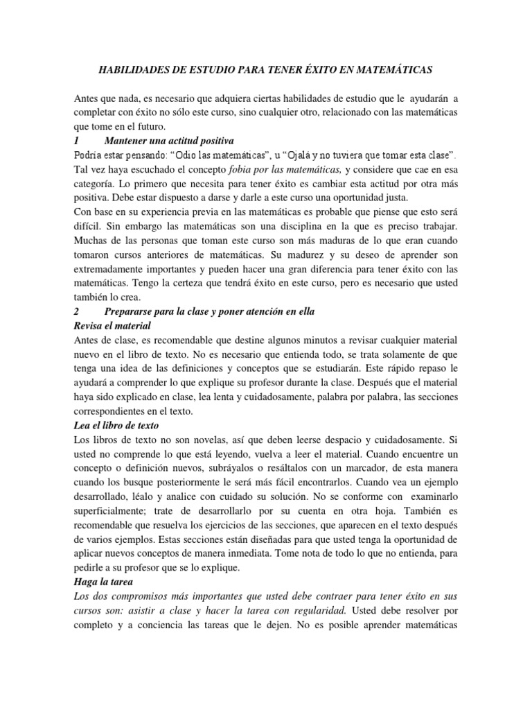 Habilidades de Estudio para Tener Éxito en Matemáticas | PDF | Prueba ...