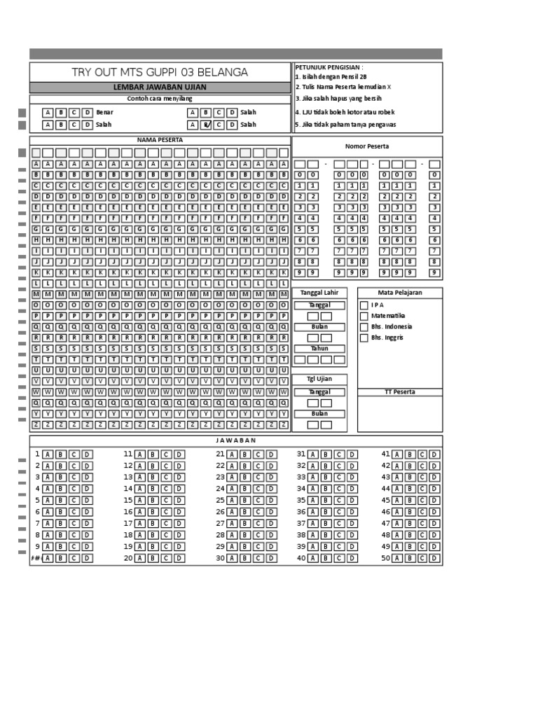 Try Out Mts Guppi 03 Belanga: Lembar Jawaban Ujian | PDF