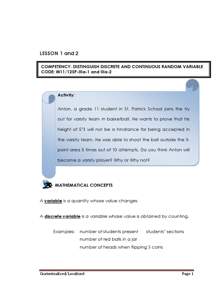 Lesson 1 and 2: Competency: Distinguish Discrete and Continuous Random ...