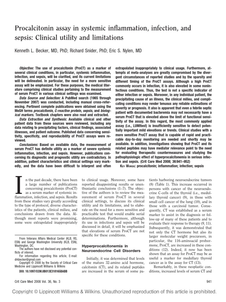 Procalcitonin Assay in Systemic Inflammation, Infection, and Sepsis ...