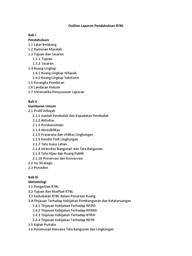 Outline Laporan Pendahuluan RTBL | PDF
