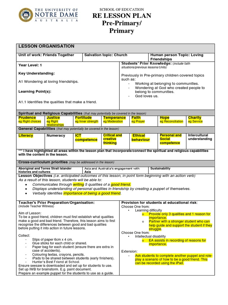 Re Lesson Plan Pre-Primary/ Primary | PDF | Friendship | Lesson Plan