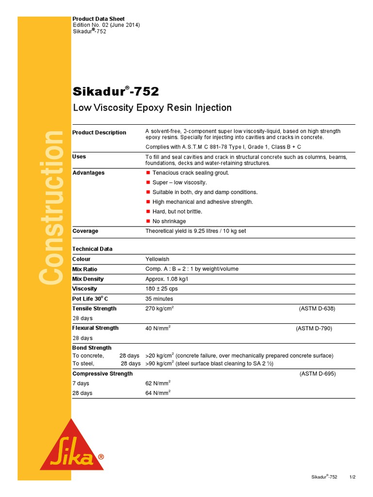 Sikadur - 752: Low Viscosity Epoxy Resin Injection | PDF | Strength Of ...