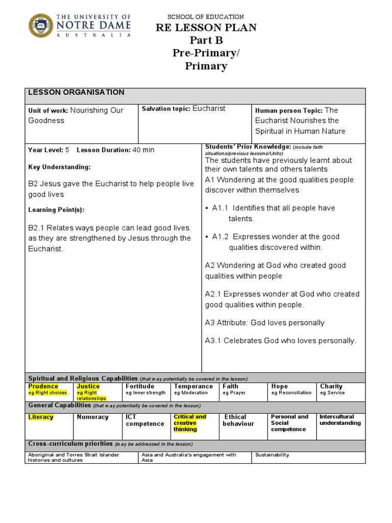 Re Lesson Plan Part B Pre-Primary/ Primary | PDF | Eucharist | Teachers