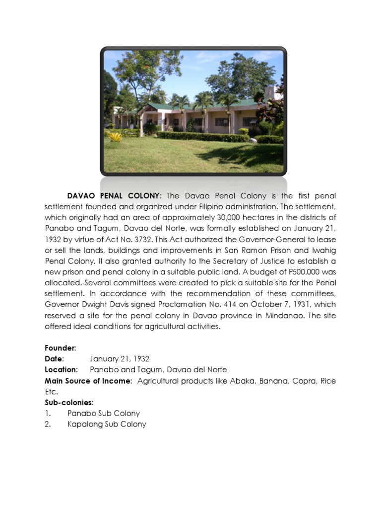DAVAO PENAL COLONY: The Davao Penal Colony Is The First Penal | PDF ...
