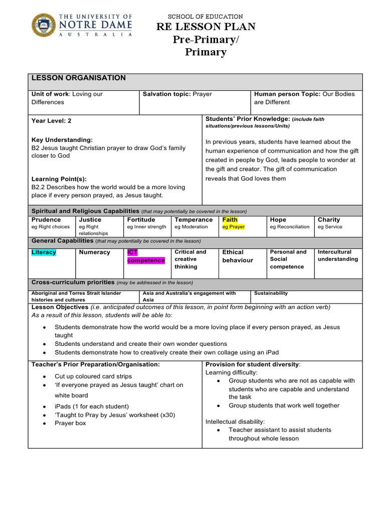 Re Lesson Plan Pre-Primary/ Primary | PDF | Prayer | Jesus