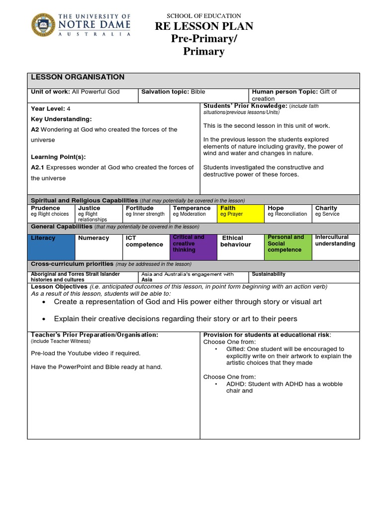 Re Lesson Plan Pre-Primary/ Primary | Download Free PDF | Question | God