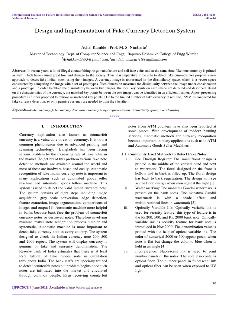 Design and Implementation of Fake Currency Detection System | PDF ...