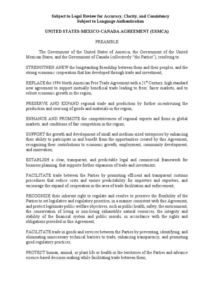 UNITED STATES-MEXICO-CANADA AGREEMENT (USMCA) Preamble | PDF | Trade ...