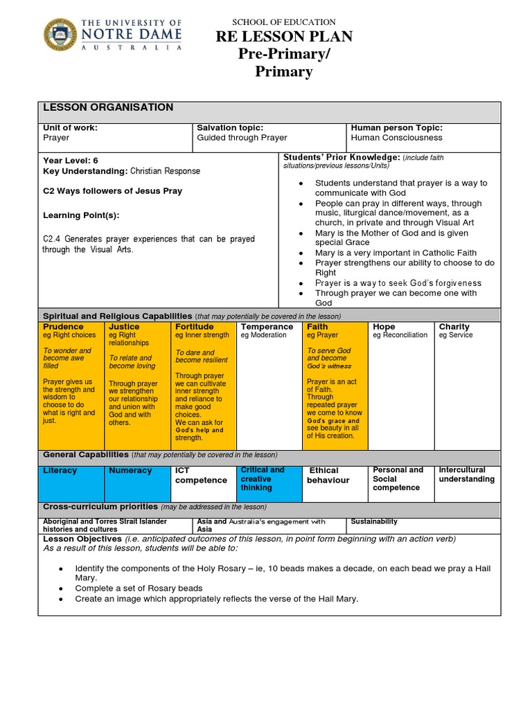 Re Lesson Plan Pre-Primary/ Primary | PDF | Prayer | Mary, Mother Of Jesus