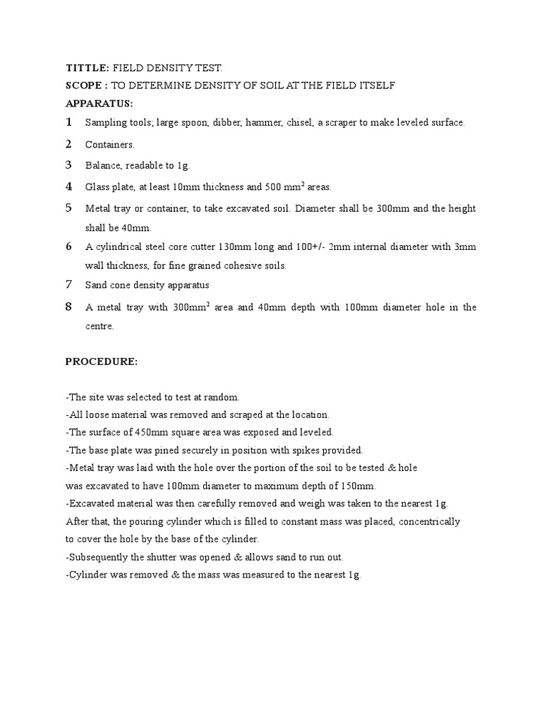 Tittle: Field Density Test. Scope: To Determine Density of Soil at The ...