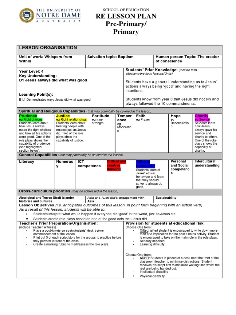 Re Lesson Plan Pre-Primary/ Primary | PDF | Satan | Gospel Of Mark