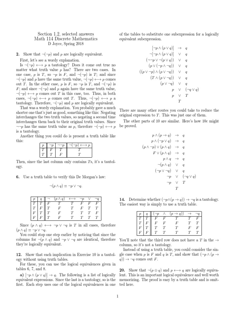 Section 1.2, Selected Answers Math 114 Discrete Mathematics | PDF ...