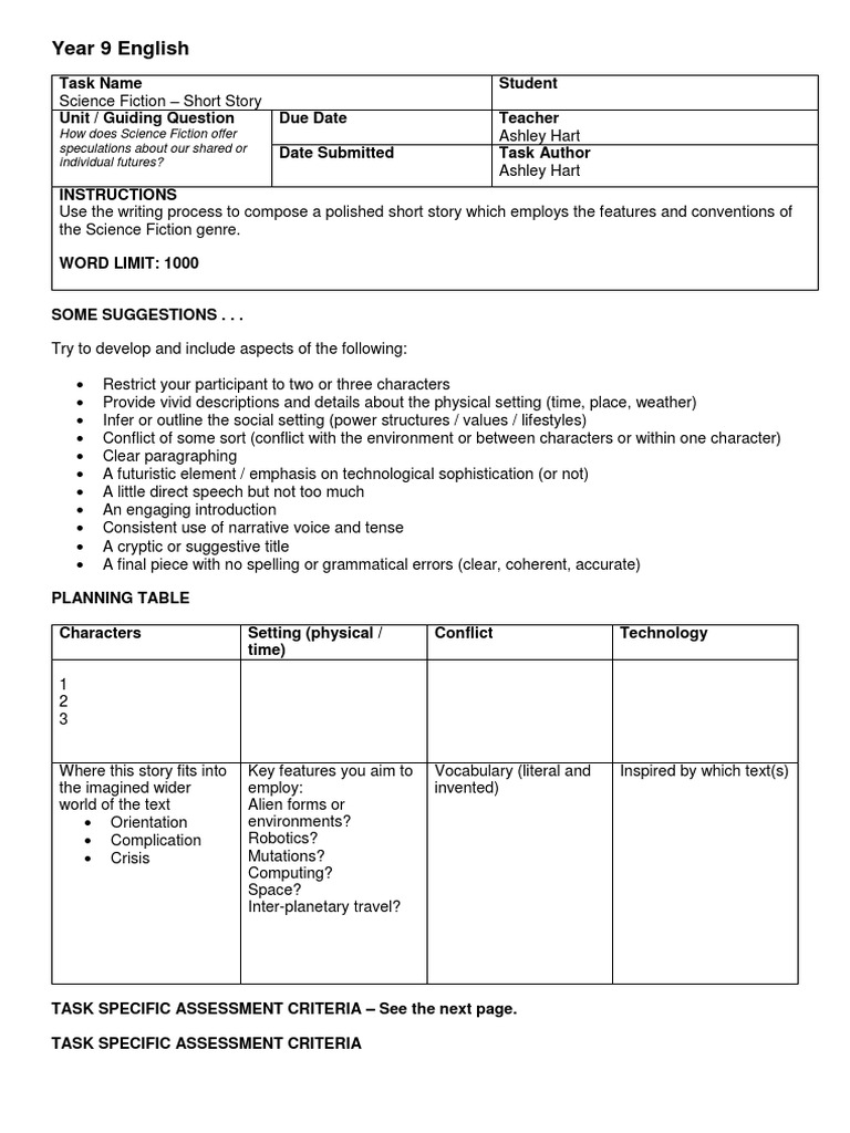 Short Story Task Sheet and Rubric | PDF | Narrative | Science Fiction