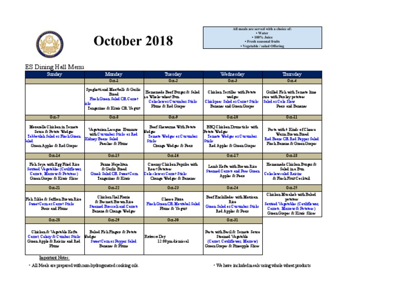 October Menu 2018 | Download Free PDF | Foods