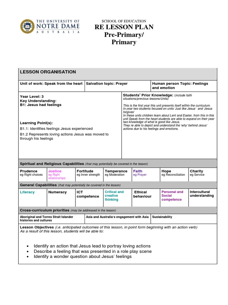 Re Lesson Plan Pre-Primary/ Primary | PDF | Lesson Plan | Jesus