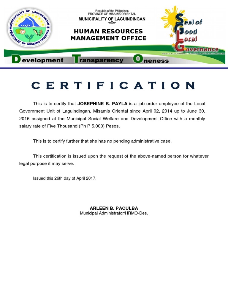 Certification of Lgu Employment-Job Order Tata | PDF