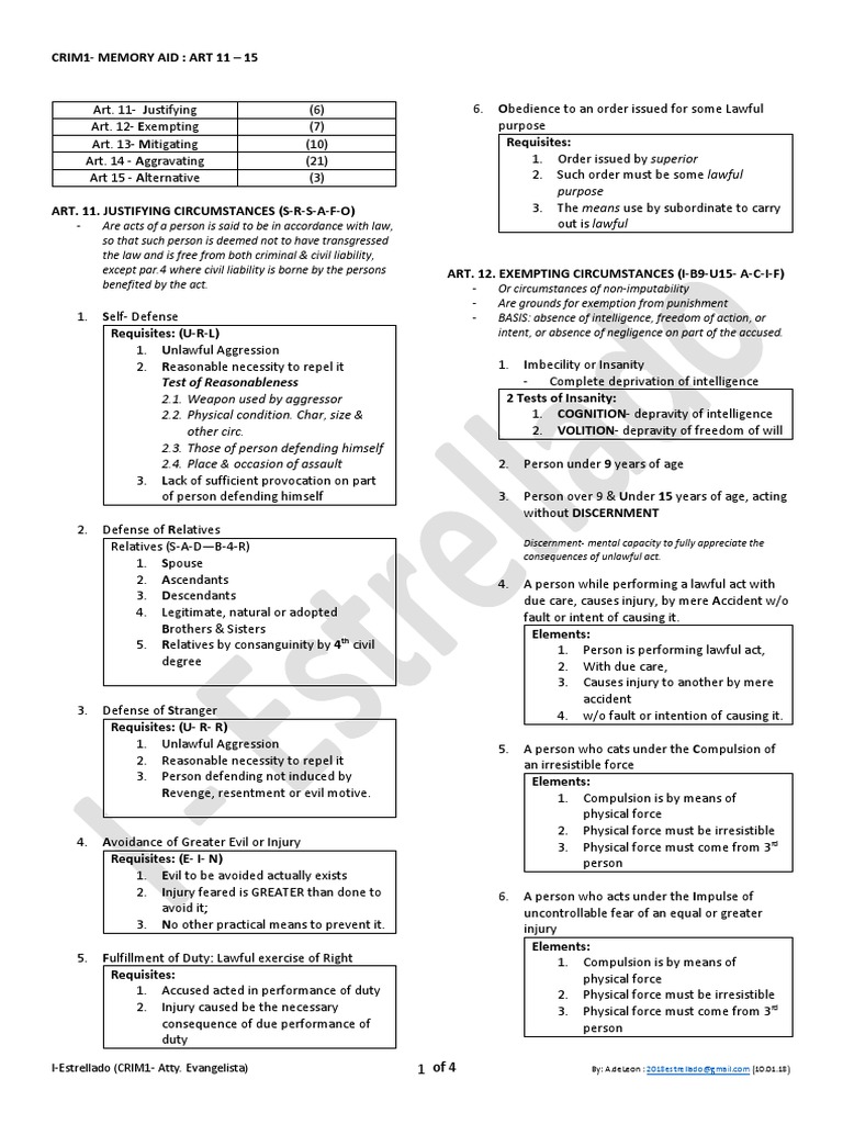 Summary of Articles 11-15 RPC | PDF | Insanity Defense | Crime & Violence