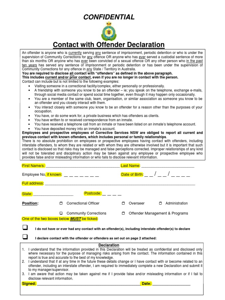Offender Contact Declaration Form | PDF | Remand (Detention) | Crime ...