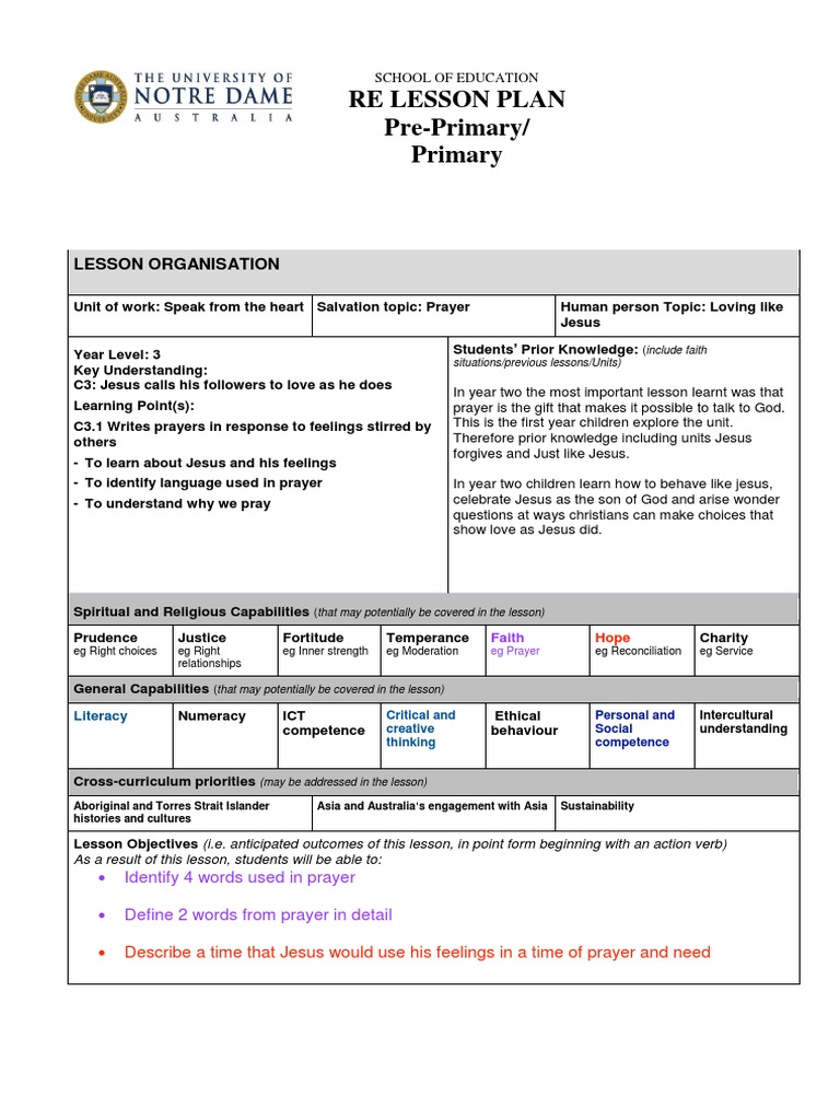 Re Lesson Plan Pre-Primary/ Primary | PDF | Lord's Prayer | Prayer