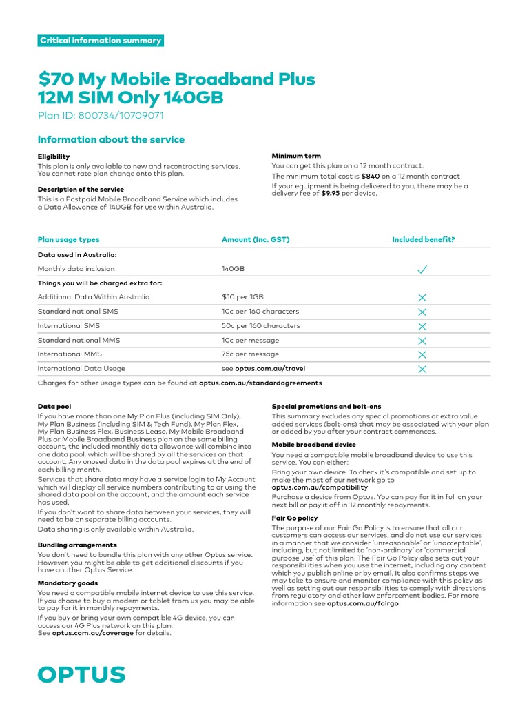$70 My Mobile Broadband Plus 12M SIM Only 140GB: Plan ID | PDF ...