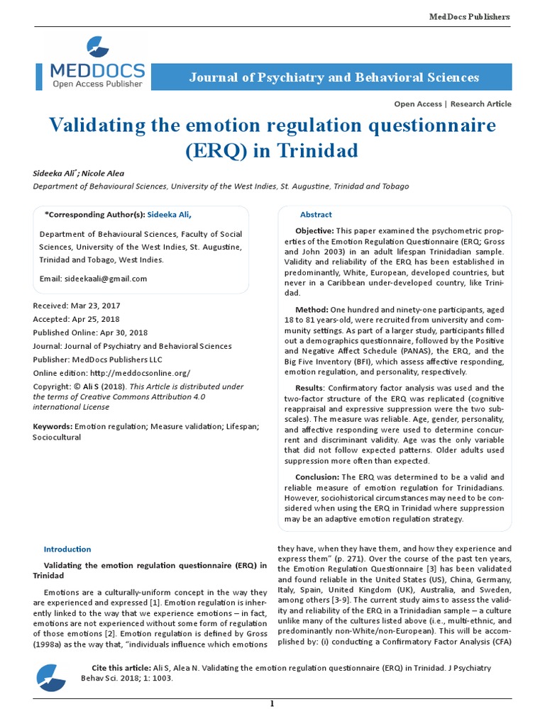 Validating The Emotion Regulation Questionnaire (ERQ) in Trinidad | PDF ...