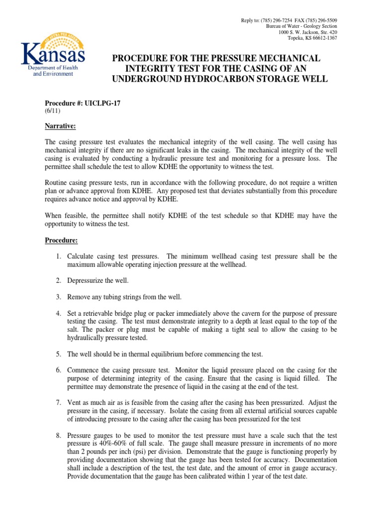 Procedure For The Pressure Mechanical Integrity Test For The Casing of ...