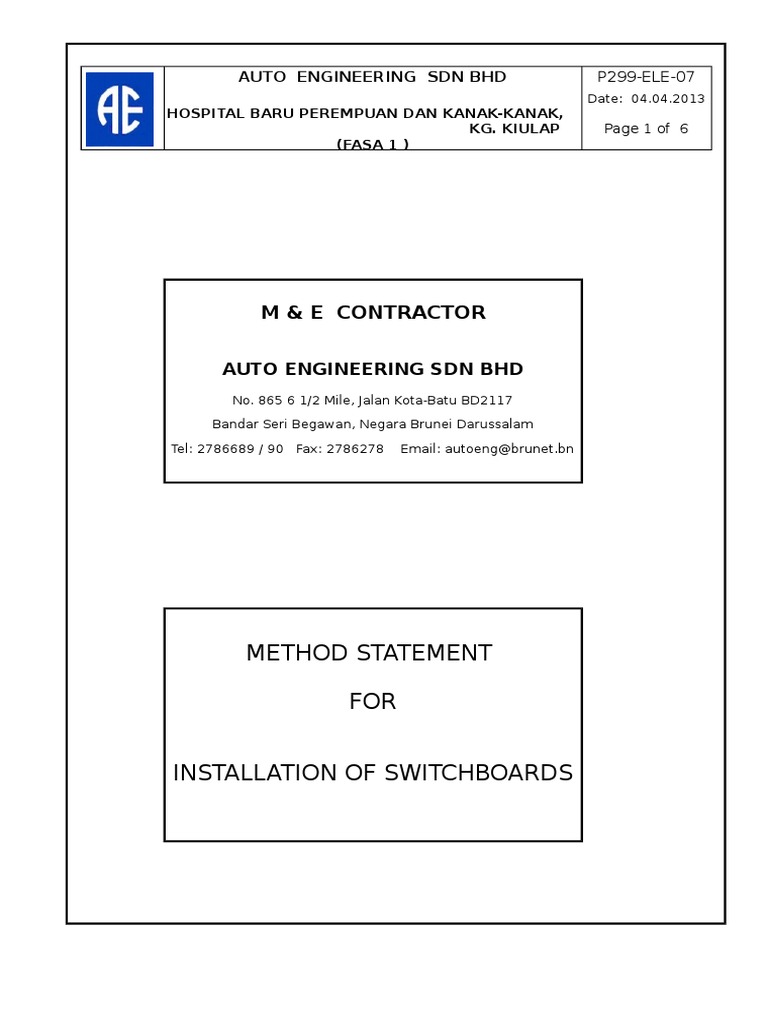 Method Statement FOR Installation of Switchboards: M & E Contractor ...
