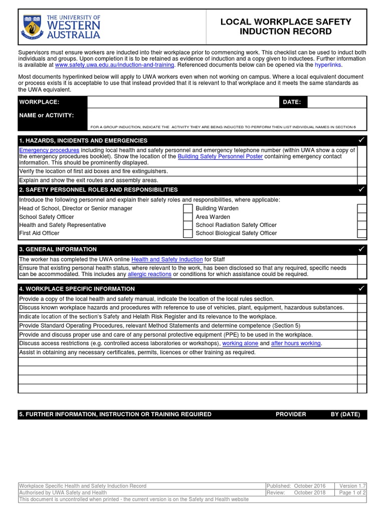 Local Workplace Safety Induction Record: WWW - Safety.uwa - Edu.au ...