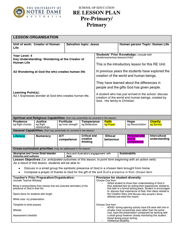 Re Lesson Plan Pre-Primary/ Primary | PDF | God | Prayer
