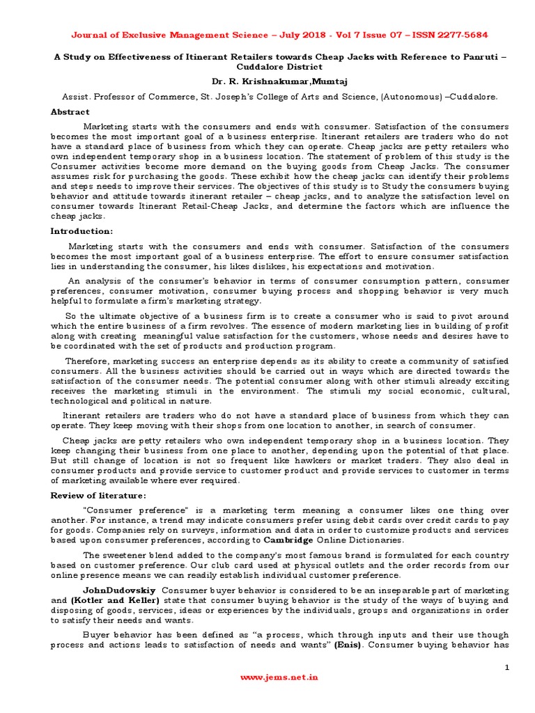 A Study On Effectiveness of Itinerant Retailers Towards Cheap Jacks ...