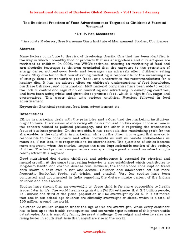 The Unethical Practices of Food Advertisements Targeted at Children A ...