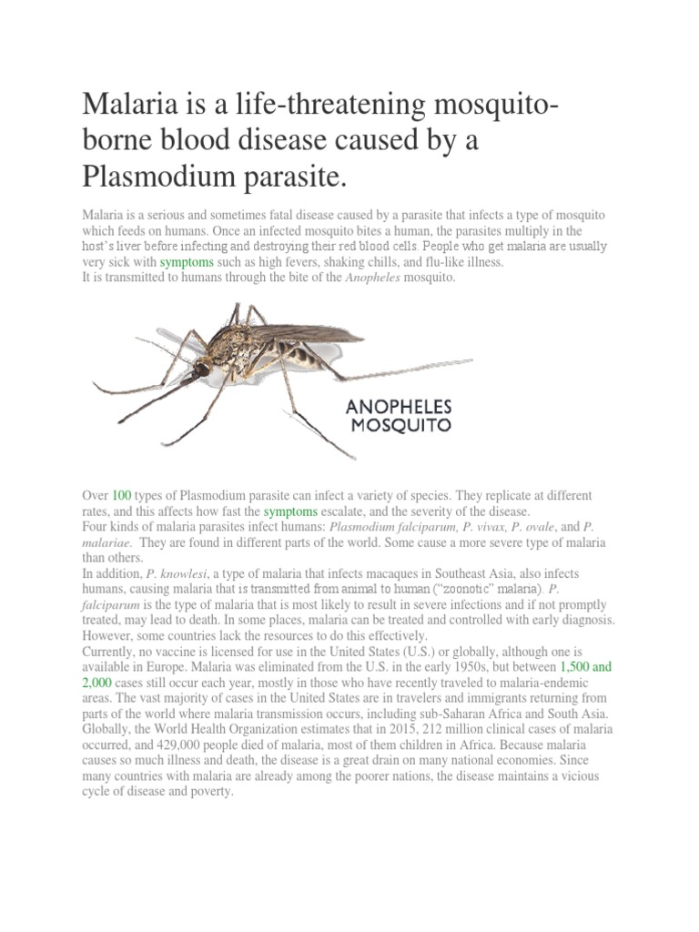 Malaria Is A Life-Threatening Mosquito-Borne Blood Disease Caused by A ...