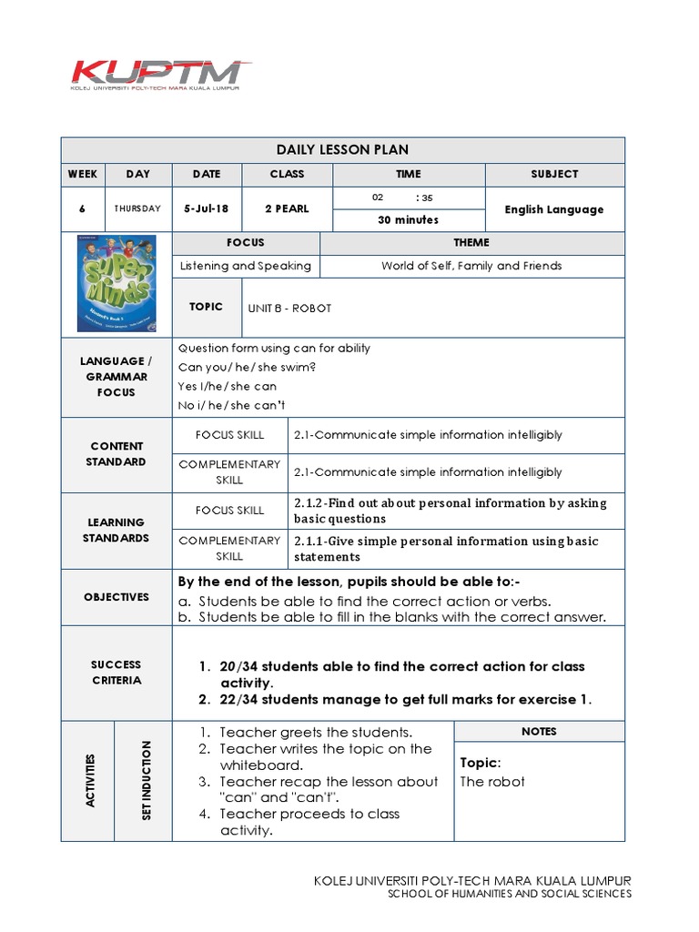 Daily Lesson Plan: Week DAY Date Class Time Subject 6 5-Jul-18 2 Pearl ...