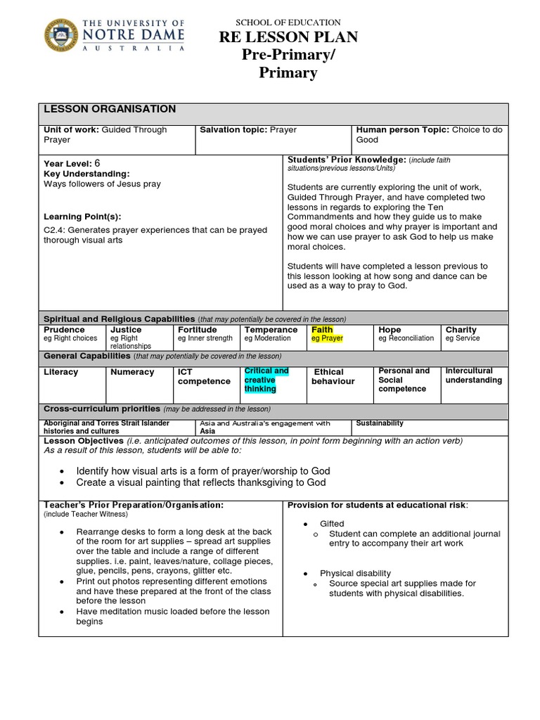Re Lesson Plan Pre-Primary/ Primary | PDF | Prayer | Classroom