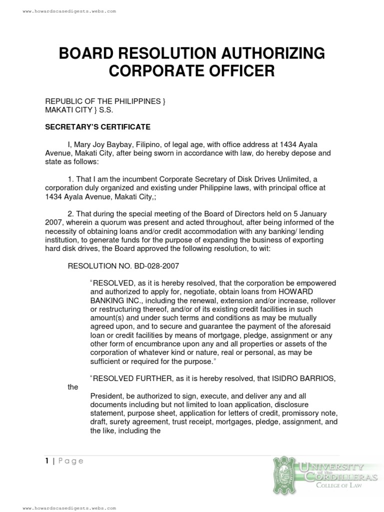Board Resolution Authorizing Corporate Officer | PDF | Loans | Credit