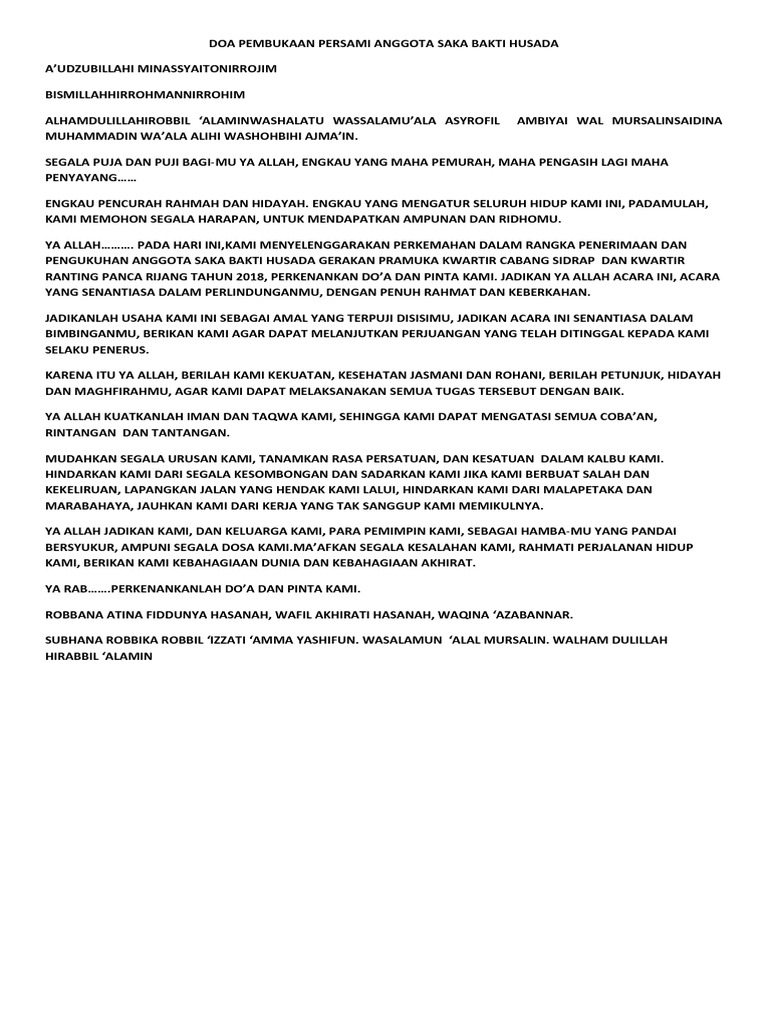 Doa Pembukaan Persami Anggota Saka Bakti Husada | PDF