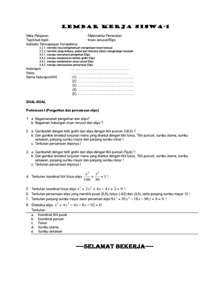 Soal Persamaan dan Grafik Elips Kelas 12 | PDF