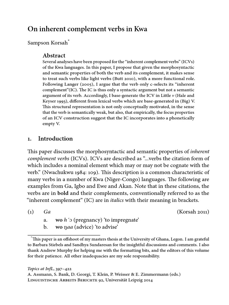 Inherent Complement Verbs - Sampson Korsah | PDF | Lexical Semantics | Subject (Grammar)