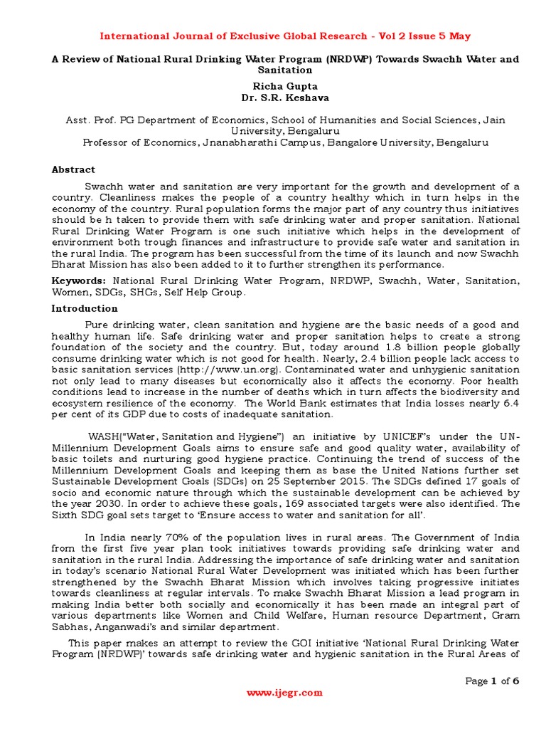A Review of National Rural Drinking Water Program (NRDWP) Towards ...