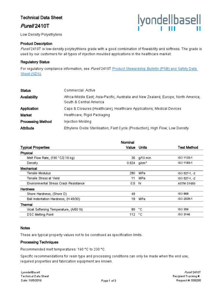 LD-PE LyondellBasell Purell 2410T | PDF | Medical Device | Combustion