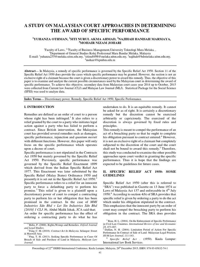 Specific Performance Article | PDF | Specific Performance | Equity (Law)