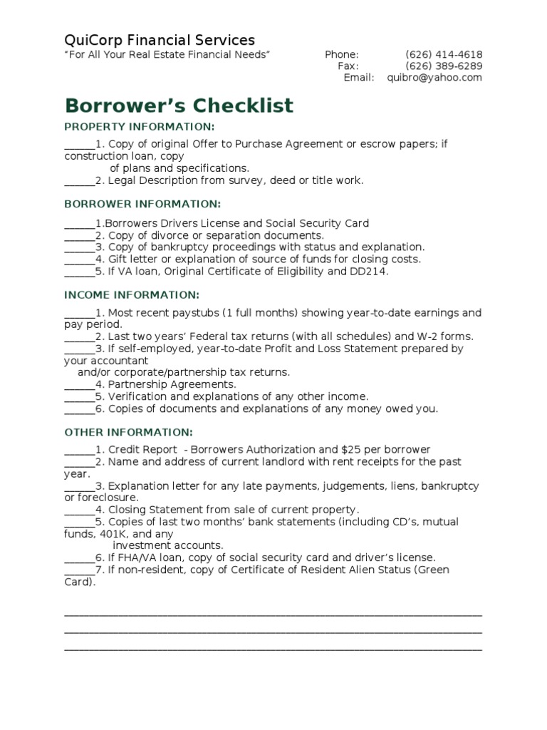Borrower Checklist | PDF | Loans | Personal Finance