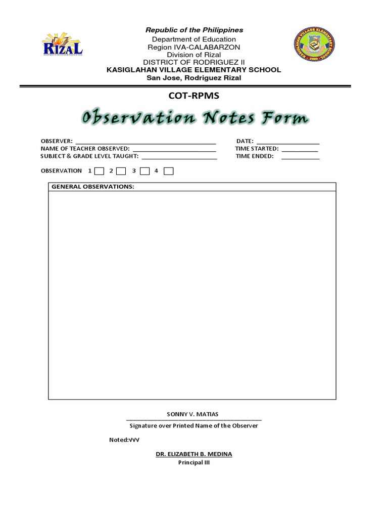 Observation Notes Form | PDF | Teachers | Curriculum