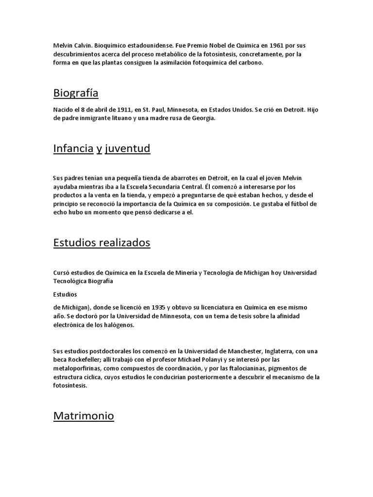 Biografía de Melvin Calvin y su legado | PDF | Naturaleza | Ciencias ...