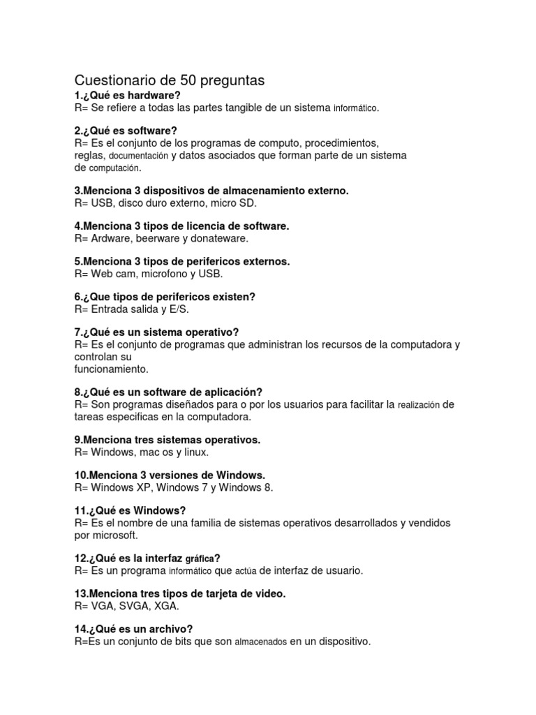Cuestionario de 50 Preguntas | PDF | Microsoft Windows | Sistema operativo