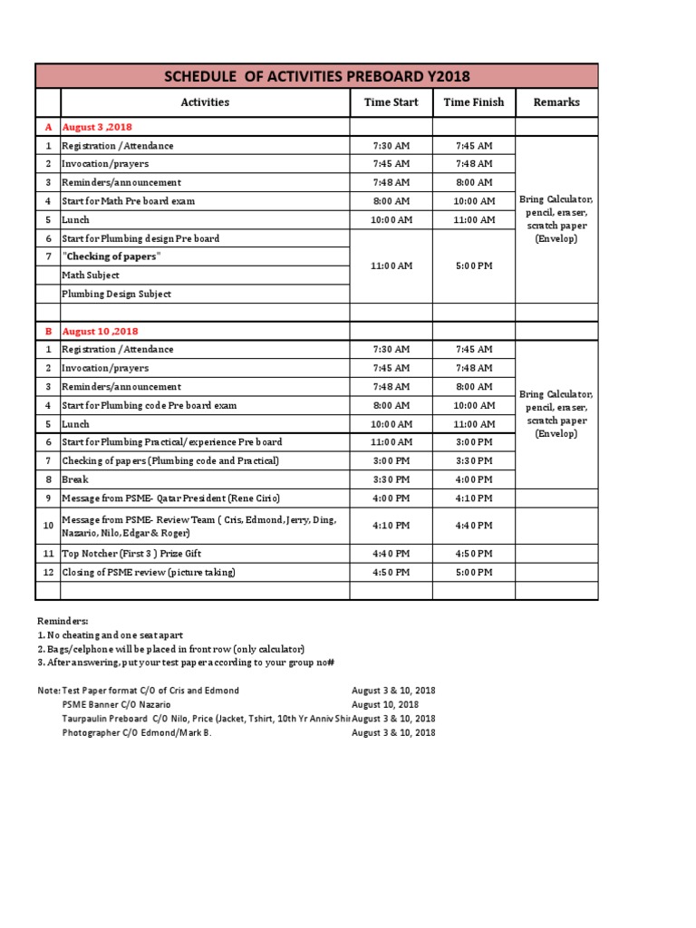 Preboard Schedule 2018 PDF | PDF