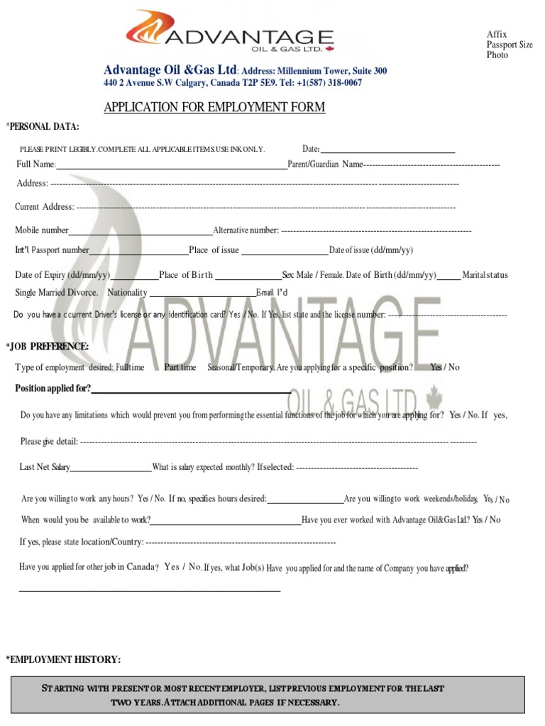 Advantage Oil&Gas LTD (Application and Interview Form) - 1 | PDF ...