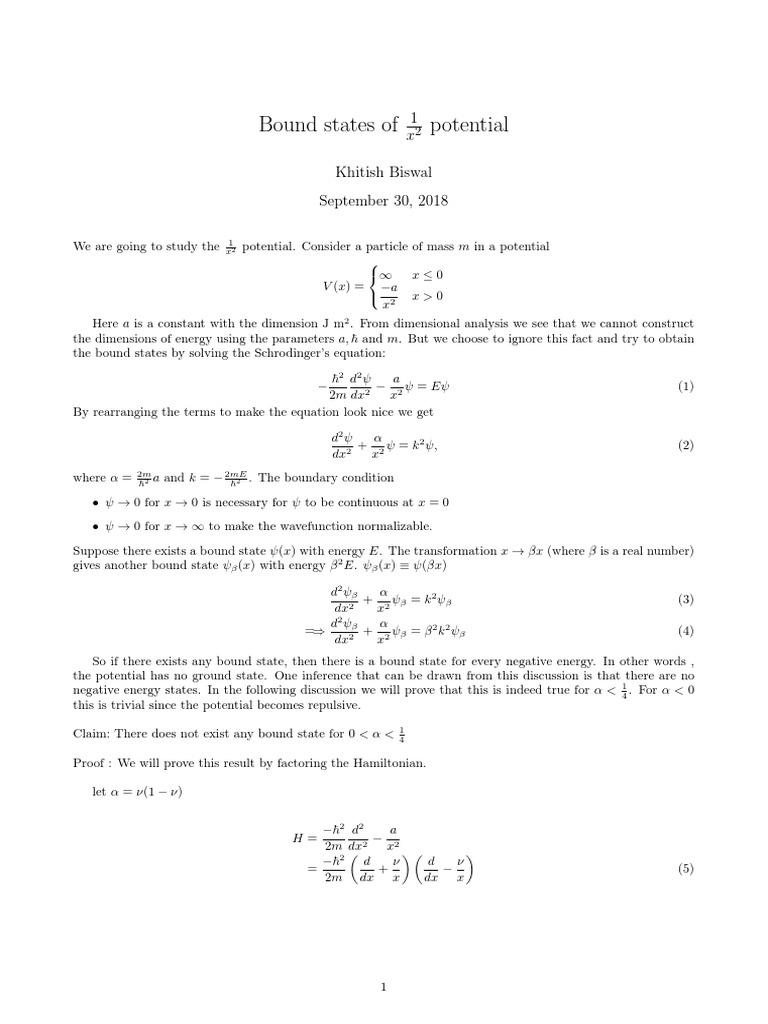 Bound States of Potential: 1 X Khitish Biswal September 30, 2018 | PDF ...
