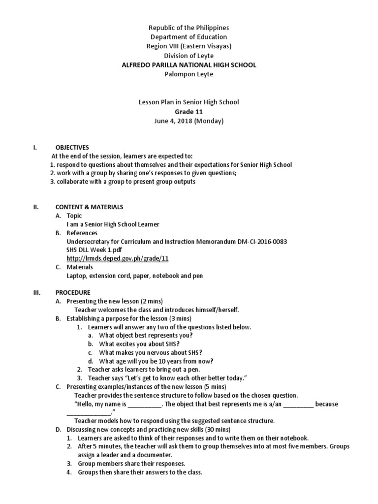 Week 1 shs | Lesson Plan | Curriculum